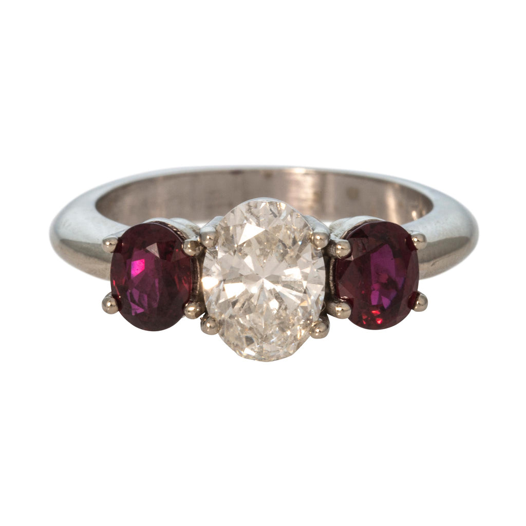 Vintage 1.28ct Oval Diamond & Ruby Three-Stone 14K White Gold Ring