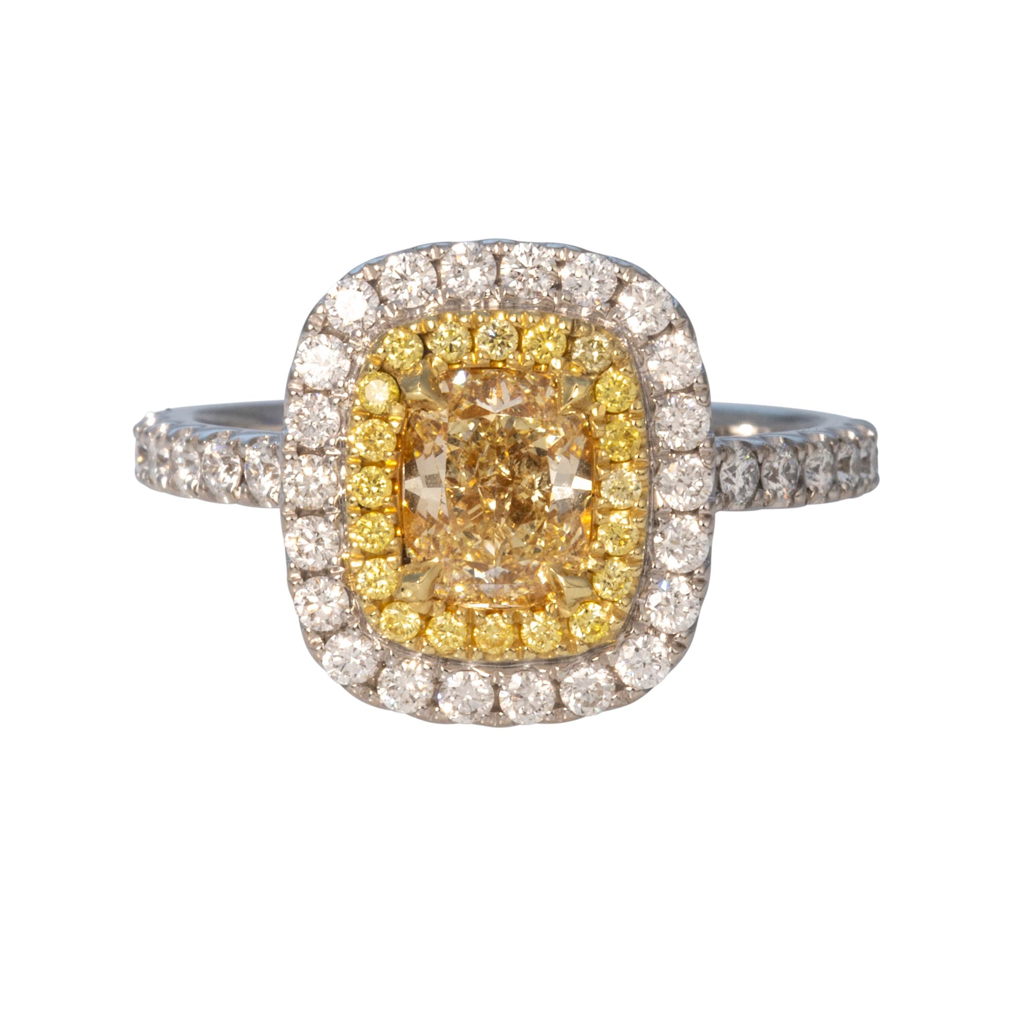 1ct Light Yellow Cushion Diamond Center & Double Halo 18K Gold Ring
